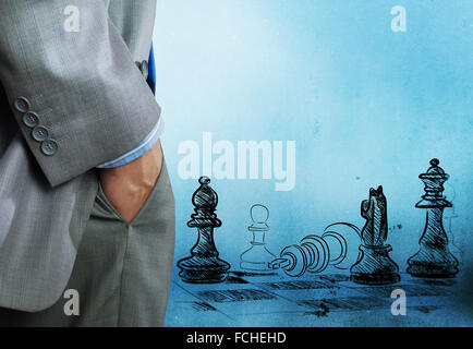 Bottom view of businessman and chess game at background Stock Photo - Alamy