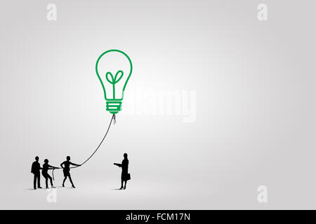 Little silhouettes of people pulling light bulb on rope Stock Photo - Alamy