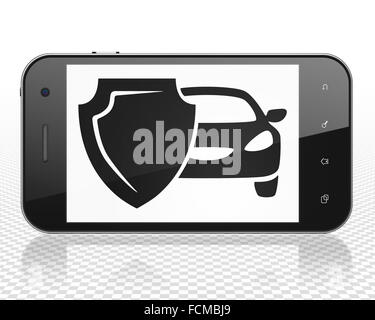 Insurance concept: Smartphone with Car And Shield on display Stock ...