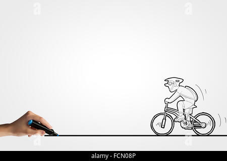 Caricature of man riding bike and human hand drawing line Stock Photo ...