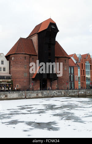 Old Town in Danzig in winter scenery. Radunia canal and view on St ...