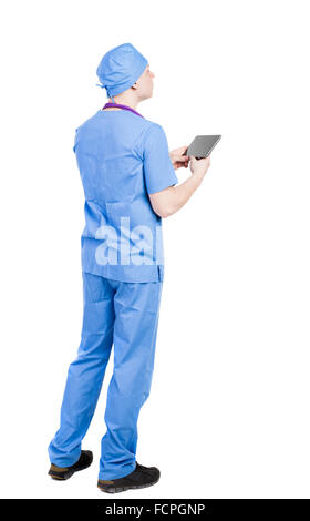 Back view of doctor in robe. Standing young guy. Rear view people ...