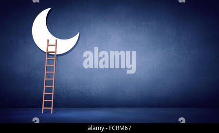 Conceptual image with ladder to moon on blue background Stock Photo - Alamy