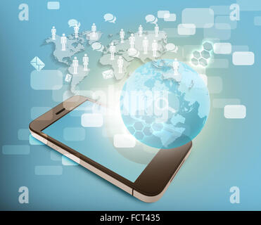 mobile phone and a world map with icons Stock Photo - Alamy
