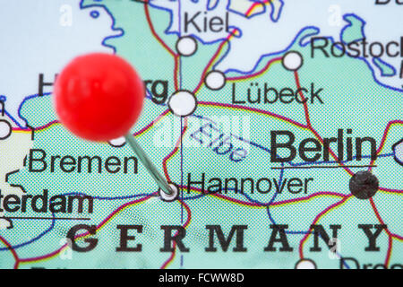 Hannover map. Close up of Hannover map with red pin. Map with red pin ...