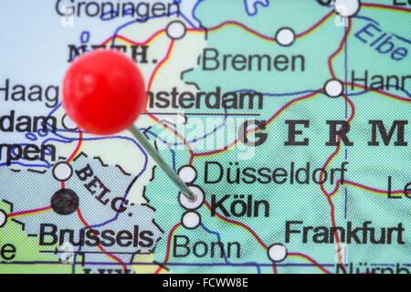 Köln map. Close up of Cologne map with red pin. Map with red pin point ...