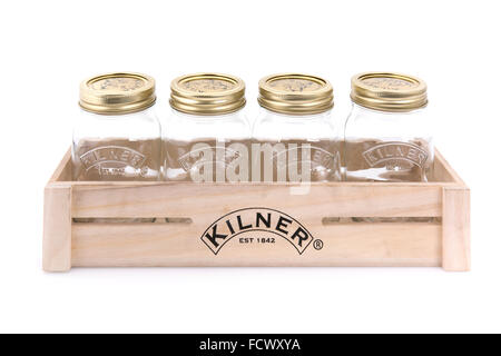 Four Empty Kilner Jars in a Wooden Rack on a white background Stock ...