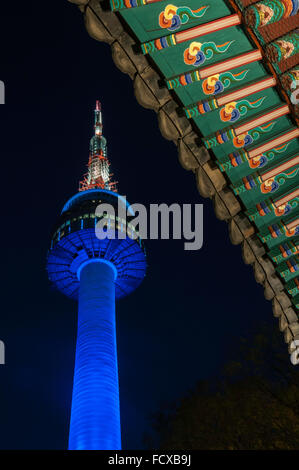 tv tower at night with lights and stars iconic low angle view Stock ...