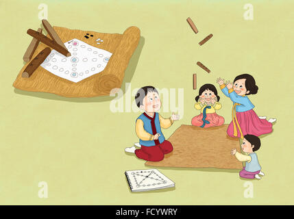 illustration of people with traditional clothes playing Korean ...