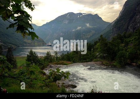 View of the Flydal Gorge, Geiranger, with a cruise ship on the Stock ...