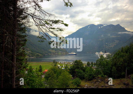 View of the Flydal Gorge, Geiranger, with a cruise ship on the Stock ...