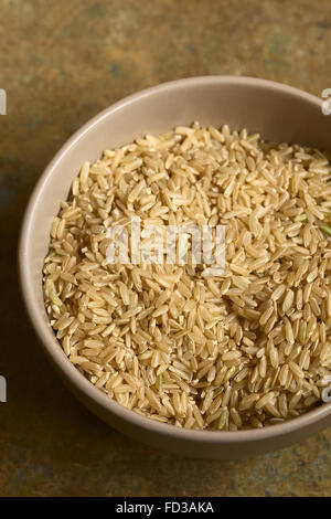 Raw brown or wholegrain rice kernels on small plate, photographed on ...