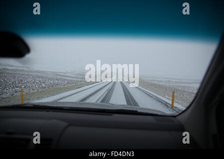 view through car windshield to snow-covered road Stock Photo: 93903671 ...