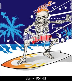 Skeleton surfer on the surf board ride the wave. Vector illustration ...
