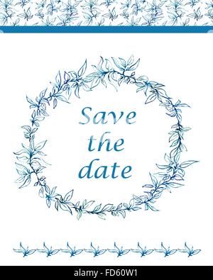 Watercolor wreath of blue flowers. For invitation or greeting cards ...