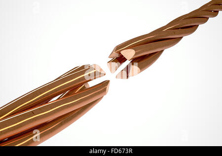 Two cables made up of twisted strands of copper wire that are severed ...