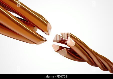 Two cables made up of twisted strands of copper wire that are severed ...