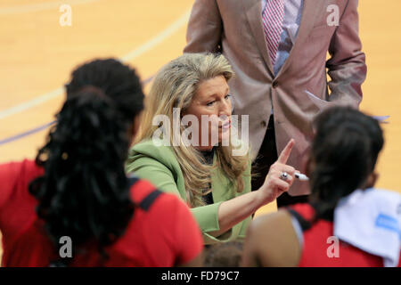 Nicholls head coach DoBee Plaisance calls out to her players during the ...