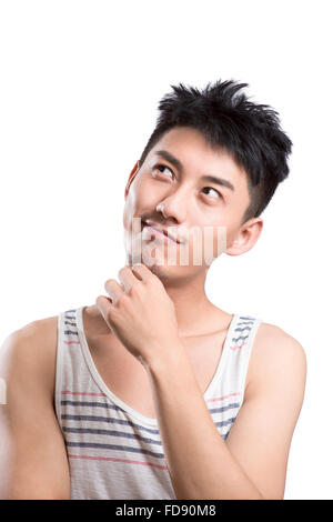 Portrait of an Asian man with a thinking facial expression isolated ...