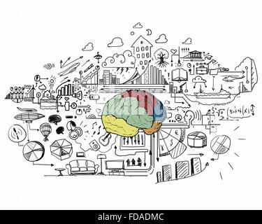 Sketch of human brain and business ideas and strategy on white ...