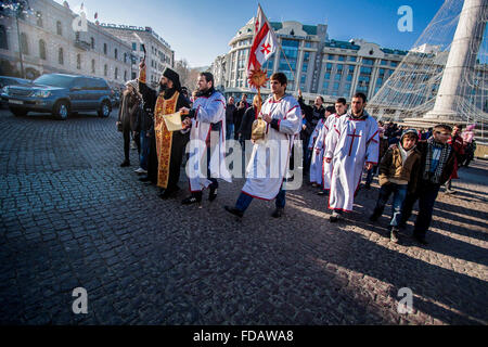 Georgian priest blessing with holy water during Alilo, Christmas ...