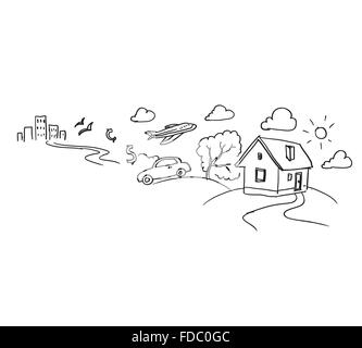 Conceptual sketch image with life concepts on white backdrop Stock ...