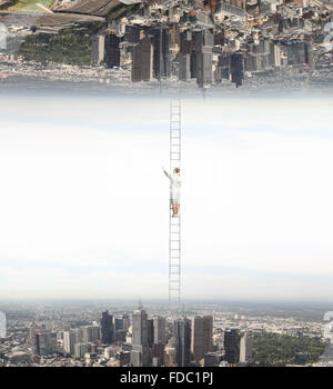 Businesswoman standing on ladder between two realities Stock Photo - Alamy