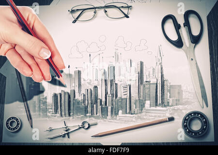 Architectural hand drawn project with set of tools Stock Photo - Alamy