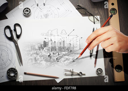 Architectural hand drawn project with set of tools Stock Photo - Alamy