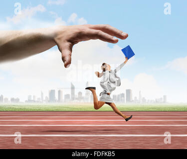 Big human hand catching businesswoman. Professional relations Stock ...