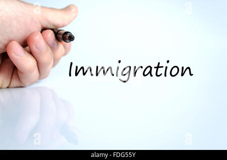 Immigration text concept isolated over white background Stock Photo - Alamy