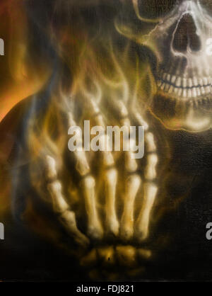 detailed skull and skeleton hand and blue fire, on black background ...