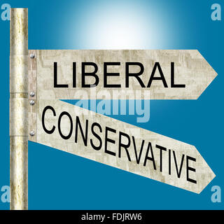 two road signs - liberal conservative choice Stock Photo - Alamy