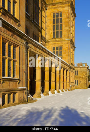 The east front of Hardwick Hall, Derbyshire, in the snow Stock Photo ...