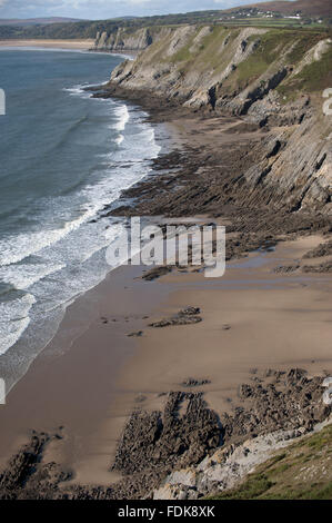 View down to the beach from Pennard Cliffs, Gower, Wales Stock Photo ...