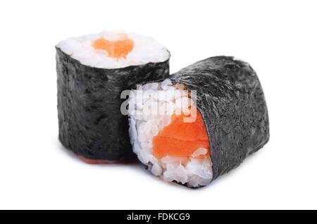 A close-up of two Japanese sushi rolls with shrimp, cream cheese, and ...