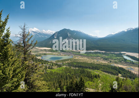 hiking trail of Cory Pass with view of Bow Valley and Mount Norquay ...