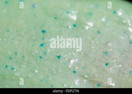 Close up of microbeads in a exfoliating face scrub rubbed into skin ...