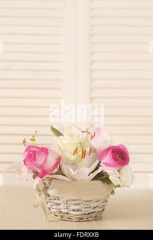 Beautiful flower composition in basket, Valentines day gift Stock Photo ...