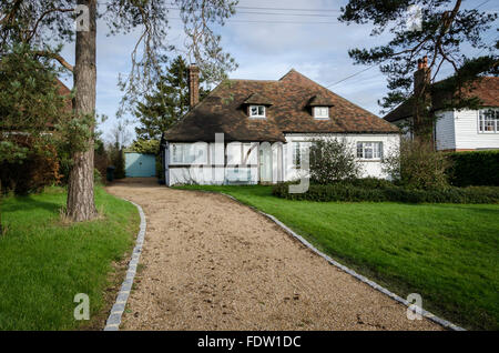 Driveway leading to an English country cottage with apple tree and wind ...