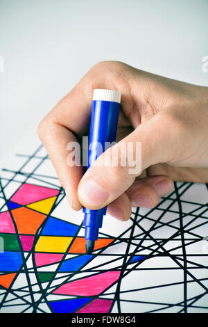 Coloring page, felt-tip pens, notebook and flower on grunge background ...