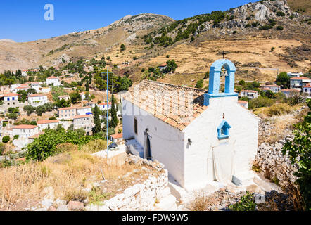 Small white church overlooking a Hydriot hillside, Hydra Island, Greece ...