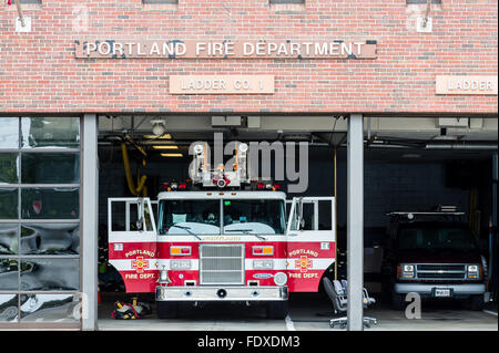 Fire truck in open bay of brick firehouse in Portland, Maine Stock ...