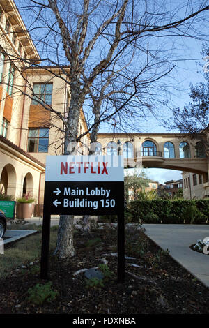 A view of a sign at Netflix's headquarters in Los Gatos, California ...
