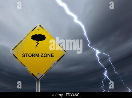 yellow warning sign of bad weather ahead against stormy sky Stock Photo ...