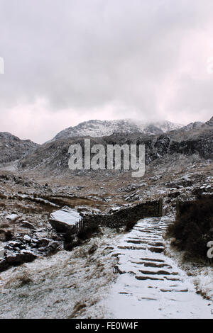 Winter snowfall at Tryfan mountain Snowdonia National Park Wales Stock ...