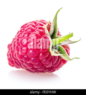 One half of fresh red raspberry cross section isolated on black glass ...