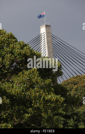 The Australian flag flies over the ANZAC Bridge viewed from ...