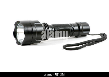 Isolated black flashlight side view with cord over white Stock Photo ...