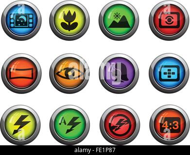 Camera modes icons set. Portrait setting, travel function, bright ...